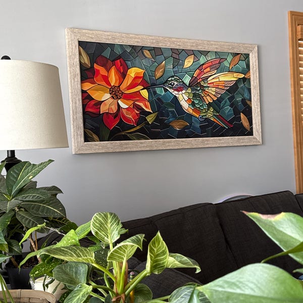 Hummingbird Framed Canvas Print in a Stained Glass Aesthetic Style ...