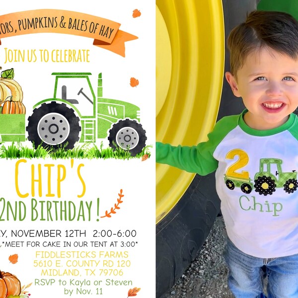 Editable Tractors, Pumpkins, Bales of Hay Birthday Invitation. Green ...