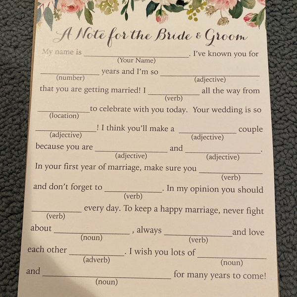 Printable Wedding Mad Libs - Pink Flower Wedding Mad Libs Cards for ...