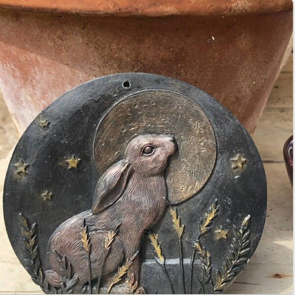 Harvest Moon Hare in Wheat Field Plaque Wall Altar Decoration ...