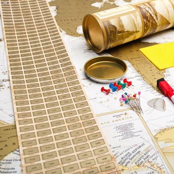 World Map Scratch off Travel Map Poster With Push Pins - Wall Art Gift ...