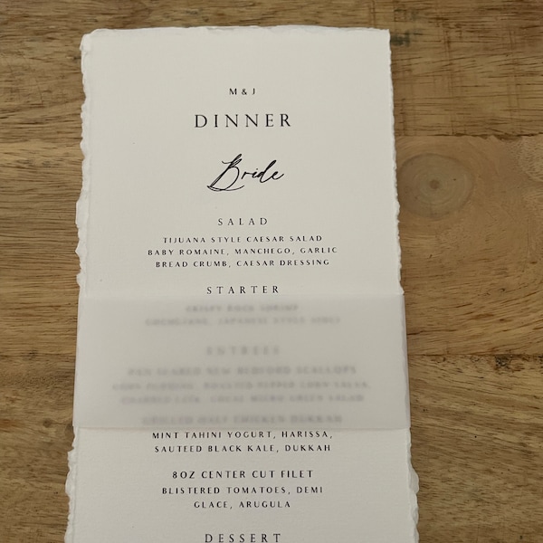 Bespoke Wedding Menu With Guest Names | Deckled Edge Handtorn Paper ...