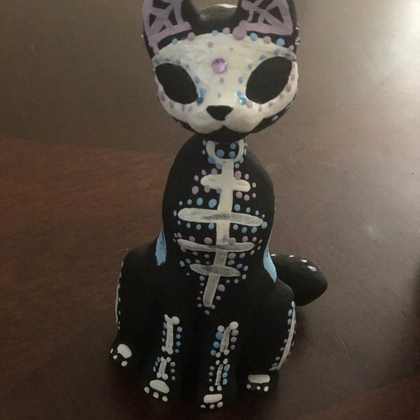 Sugar Skull Cat Day of the Dead Sculpture Figurine Hand Painted 3D ...