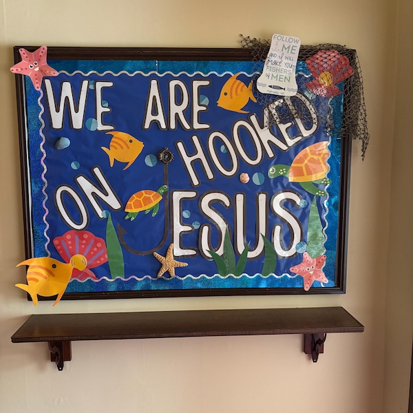 We Are Hooked on Jesus - Christian Bulletin Board Set - Christian ...