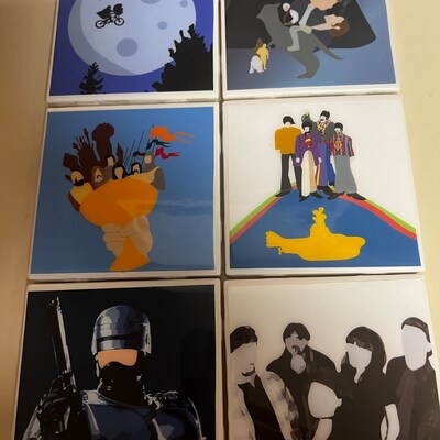 Set of 4 or 6 Movie Coasters With Original Minimalist Artwork Ceramic W ...