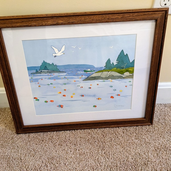 Maine Seascape Art Print Lobster Buoys Whimsical Coastal Wall Decor ...