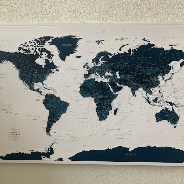 Personalized World Travel Map With Push Pins, Teal Blue Art of Places I ...