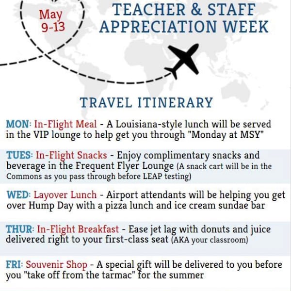 Teacher and Staff Appreciation Week Itinerary Sign Editable Travel ...