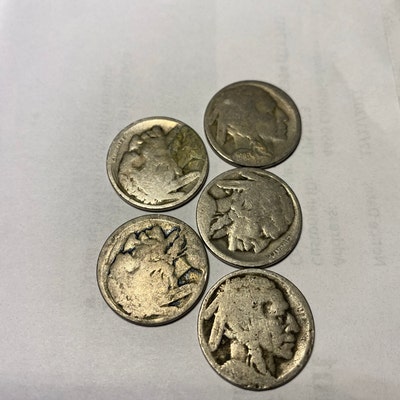 Lot of 5 Buffalo Nickels, Indian Head Nickels, Five Cent Piece, 1913 to ...