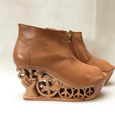 Rose Hand Carved Wood Platform Wedge Heel - Etsy