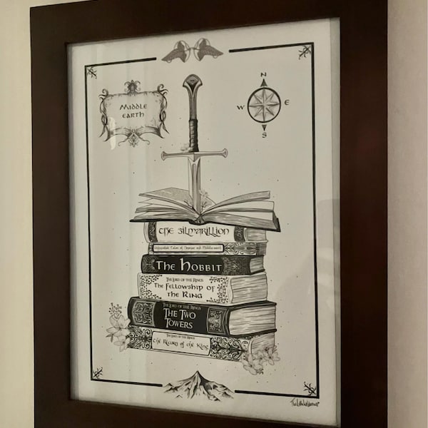 Tolkien Inspired Hand Drawn Book Stack Illustration Print // Lotr ...