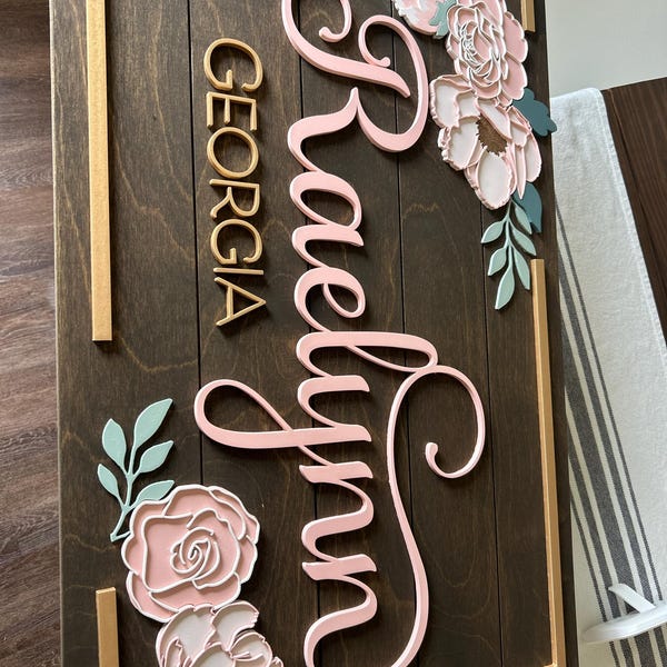 Rectangle Floral Baby Name Sign: Peony and Rose Flowers 3D Nursery Wall ...