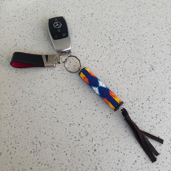 Beaded Keychain, Handmade Tube Shape Glass Bead Bag Charm, Leather ...