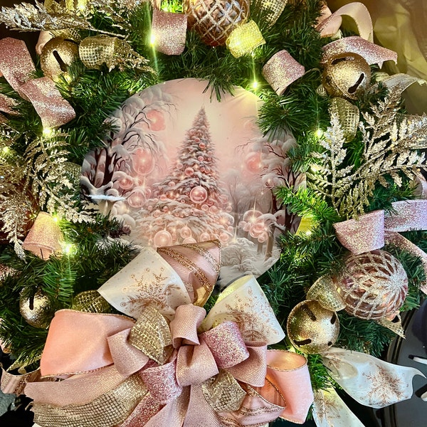 Pink Christmas Round Metal Wreath Sign, Pink Christmas Tree in the Snow ...