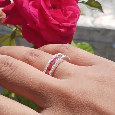 Natural Princess-cut Garnet Wedding Band, Garnet and Diamond Full ...