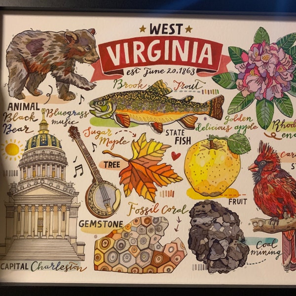 West Virginia Print, State Symbols, Illustration, Map, Charleston ...