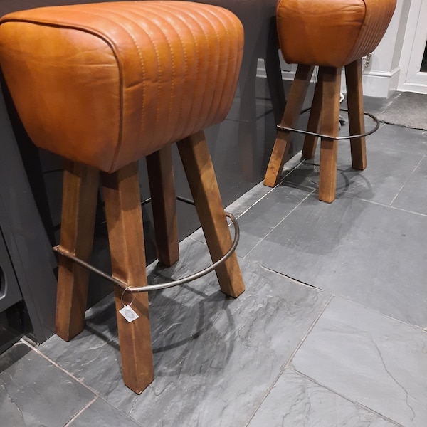 Leather Breakfast Bar Kitchen Counter Stool - Wood Legs Pommel Horse ...