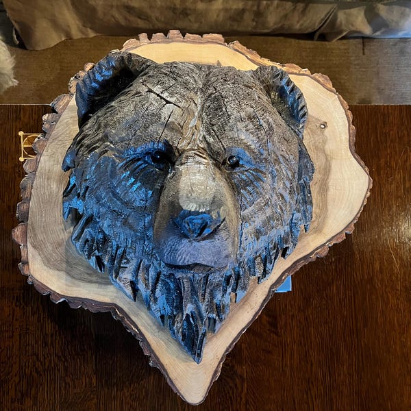 Rustic Bear Engraved Lazy Susan Log Slice With Bark, Turn Table With ...