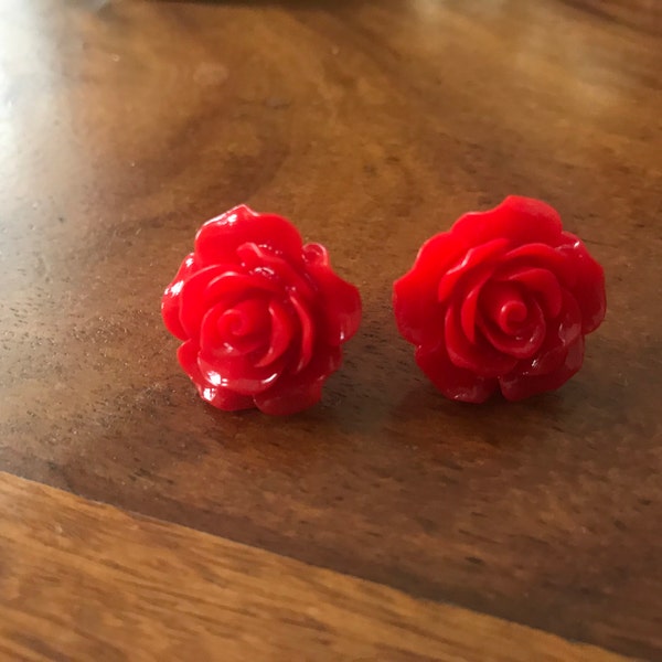 Red Rose Earrings, Large Resin Flower Studs, Vintage Style, Retro ...