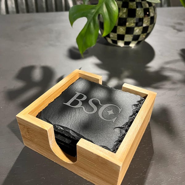 Set of 4 Custom Logo Slate Coasters With Bamboo Coaster Holder ...