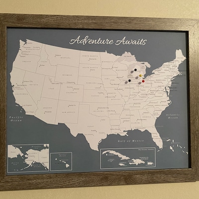 USA Push Pin Map With Frame & 50 Push Pins, Caribbean Map Travel Map ...