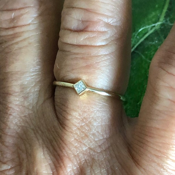 Diamond Stacking Ring / 14k Gold Princess Cut Diamond Bezel Set Ring ...