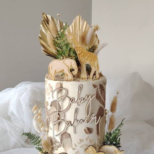 Engraved Safari Animals Cake Topper Set: Personalized Christening Charm ...