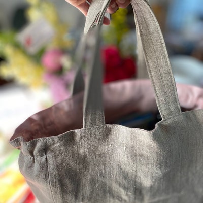Small Linen Tote Bag With Two Pockets, Handmade Linen Bag With Lining ...
