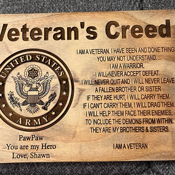 Laser Engraved Veteran Creed Plaque: Military Wall Art, Wood Sign - Etsy