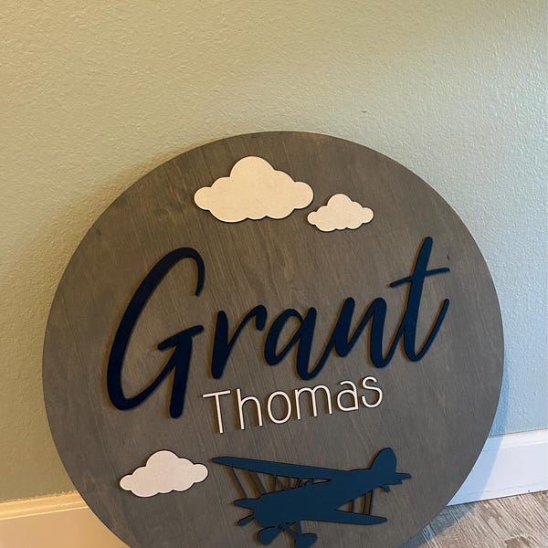 Airplane Nursery Name Sign, Round Name Sign, Airplane Nursery, Boy Name ...