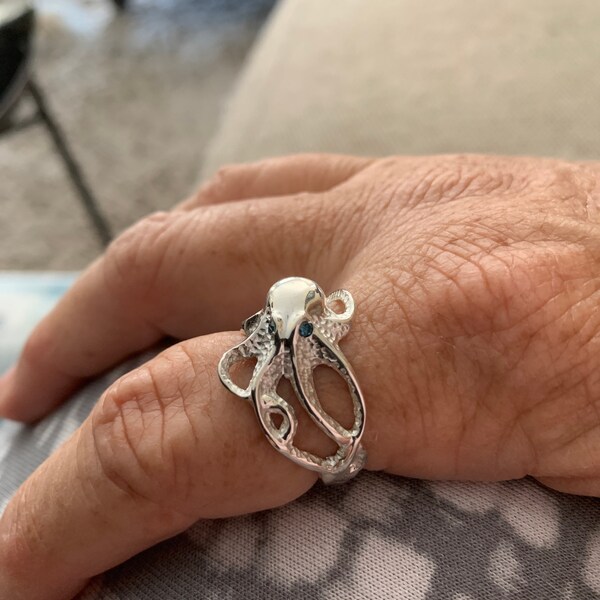Sterling Silver "octopus" Ring W/blue Diamond "eyes" - Etsy