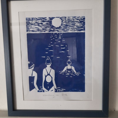 Original Lino Print Featuring Cold Water Sea Swimmers on Worthing Beach ...