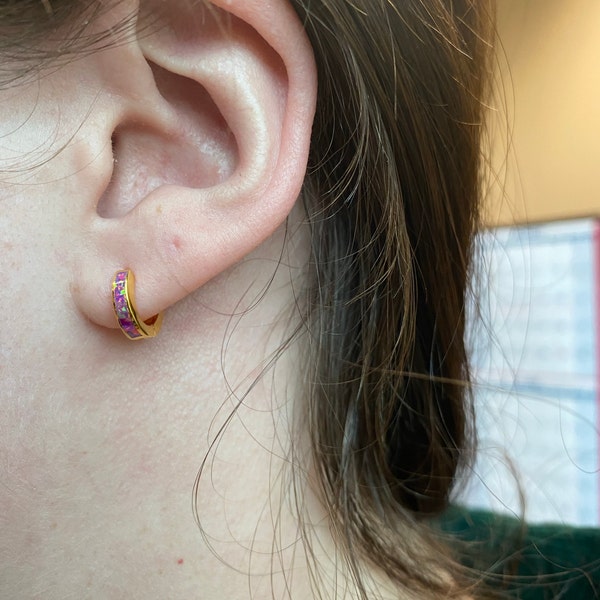 Opal Inlay Huggie Hoops by Caitlyn Minimalist • Black Opal Hoops ...