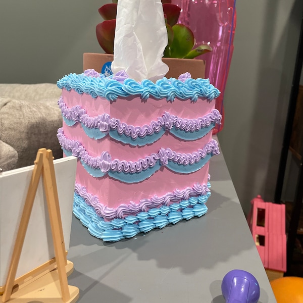 Vintage-style Pink, Blue, and Purple Fake Cake Tissue Box With Cherries ...