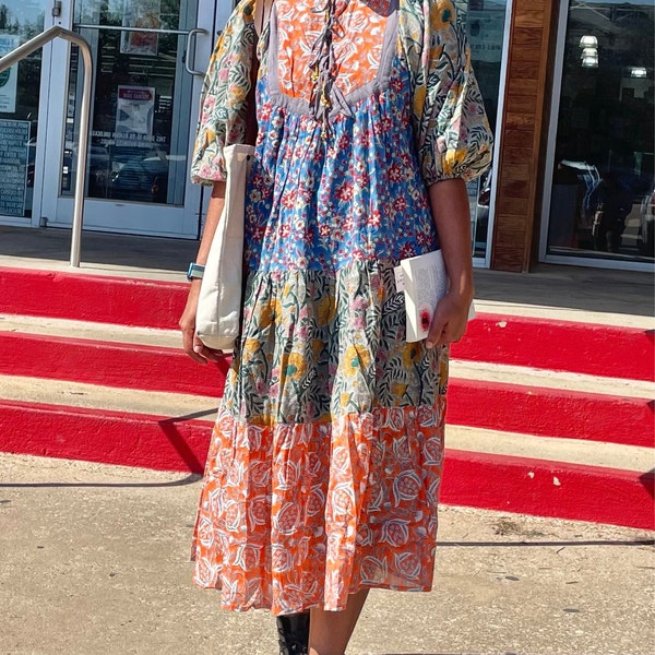 Tri-color African Print Indian Summer Midi Dress Hand Block Printed ...
