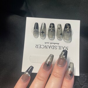 Cyberpunk Green-silver Press on Nails / Punk Metallic Fake Nails/ Flame ...