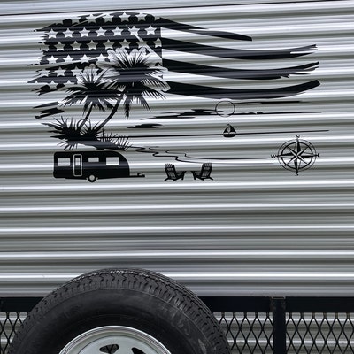 Patriotic Beach Rv Camper Decal With Flag and Personalized With Trailer ...