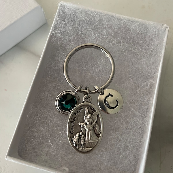 Guardian Angel Keychain - Personalized Letter - Crystal Birthstone ...