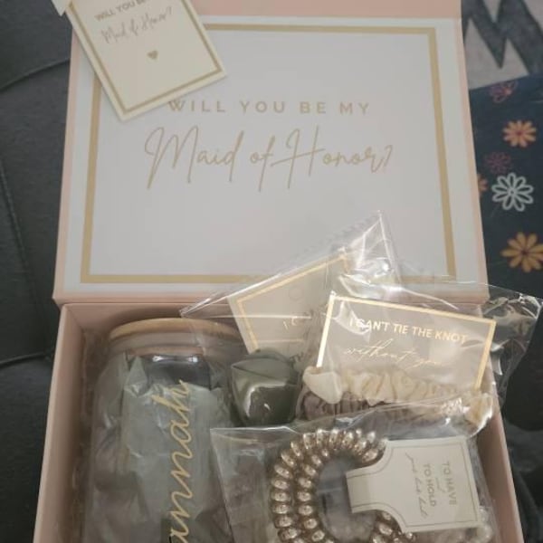 Bridesmaid Proposal Box: Personalized Glass, Hair Accessories Gift Set ...