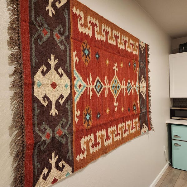 Wool and Jute Rug in Red Color, Handmade Kilim Dhurrie Rug, Traditional ...