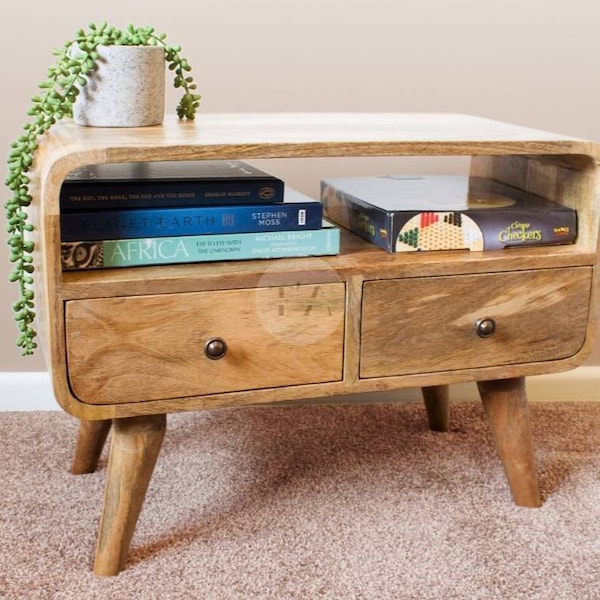 Bedside Table Arched • Rounded Wood Nightstand Low • One Drawer Bedside ...