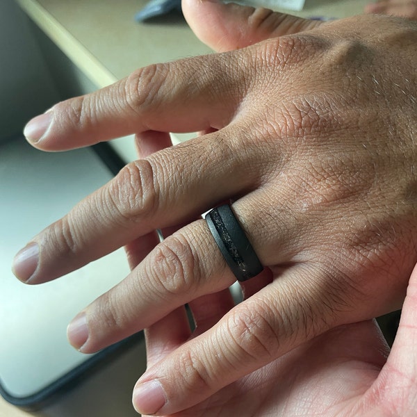 8mm Black Meteorite Sandblasted Wedding Ring, Black Obsidian ...