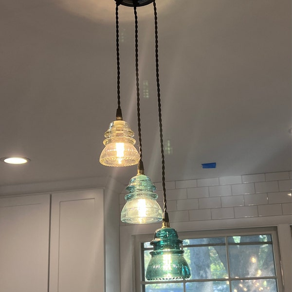 Triple Pendant Light Vintage Glass Aqua Green Telegraph Insulators ...