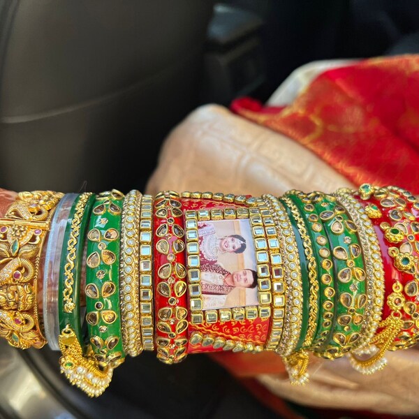 Indian Bridal Red Photo Chura Set, Designer Hanging Pearls Bangles ...