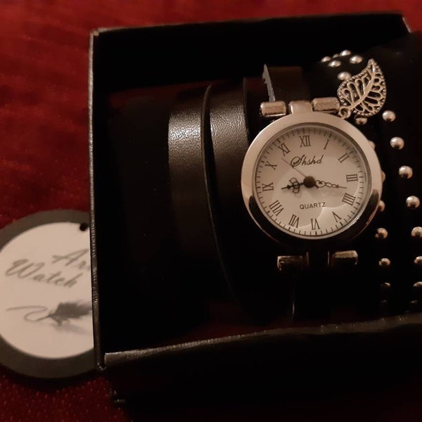Black Boho Watch Bracelet Woman Wrist Watch Black Leather Wrap Watch ...