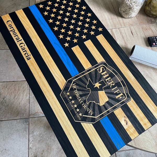 Blue Line Wooden Flag, Police Badge Flag, Wooden Signs, Custom Sign ...