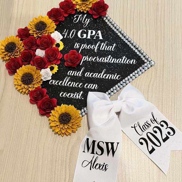 Custom Graduation Cap With BOW & BLING , 3D Paper Flowers, Graduation ...