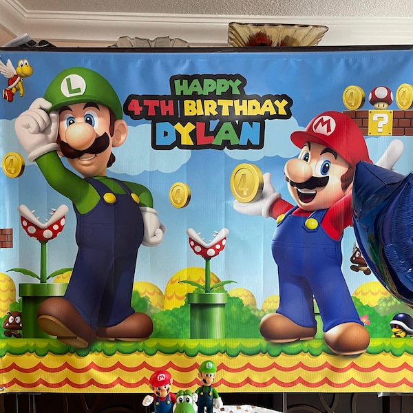 Super Mario Backdrop Banner, Luigi, Birthday Decoration, Kids Party ...