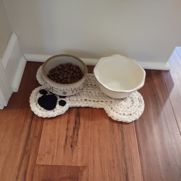 Ivory Beige Dog Mat With Paw Print, Personalized Dog Bone Food Water ...