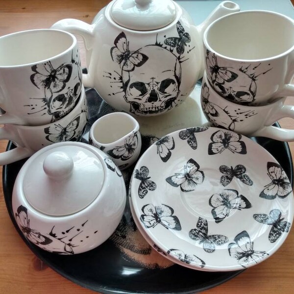 Gothic Tea Set, Skull and Butterfly, Ceramic Teaset, Goth Cup Saucer ...